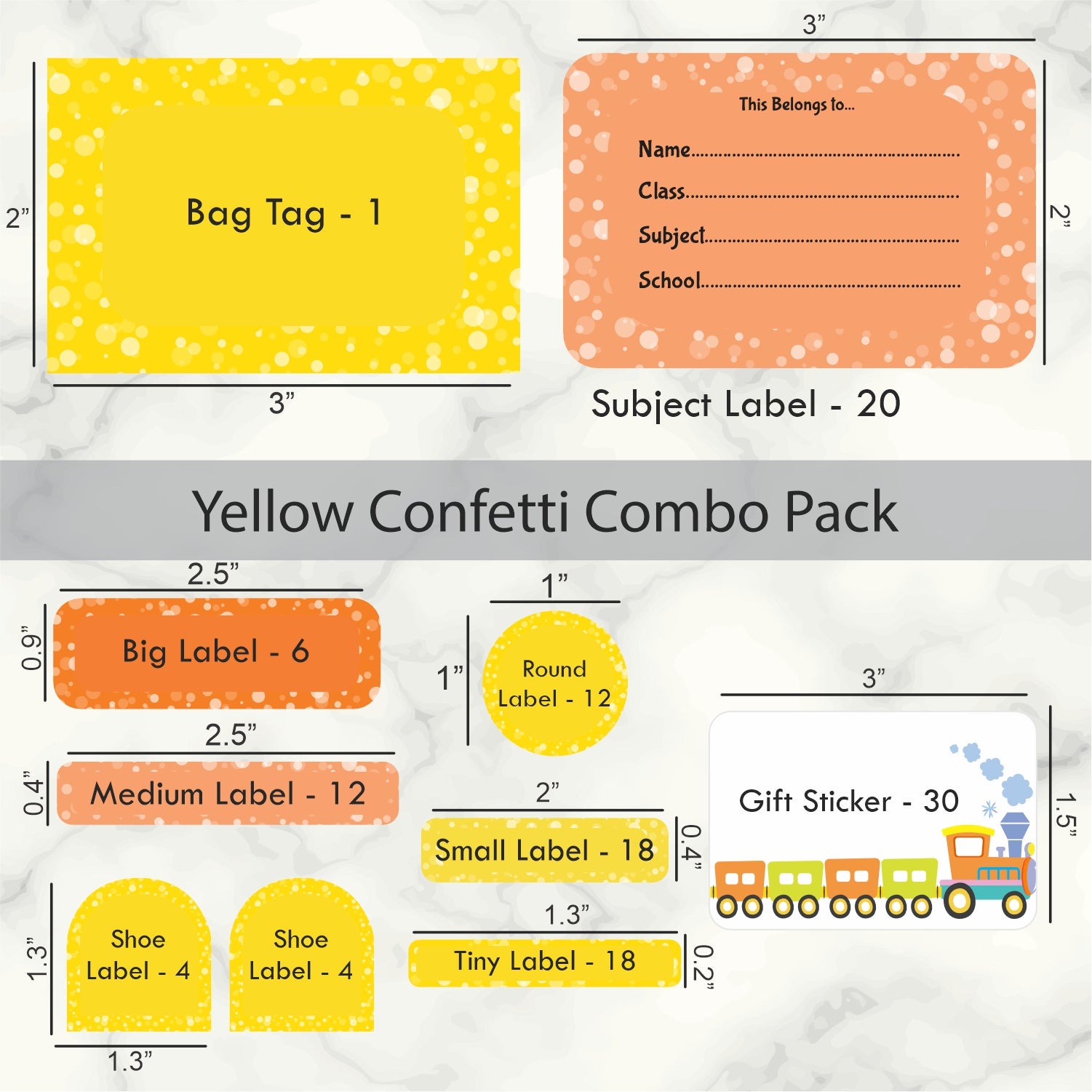 Assorted Yellow Confetti Name labels Pack – Babble Wrap