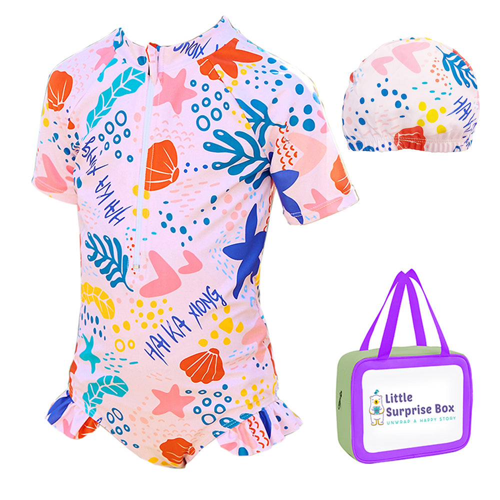 Pink Shell Starfish Toddlers & Kids Swimwear + Swim Cap – Babble Wrap